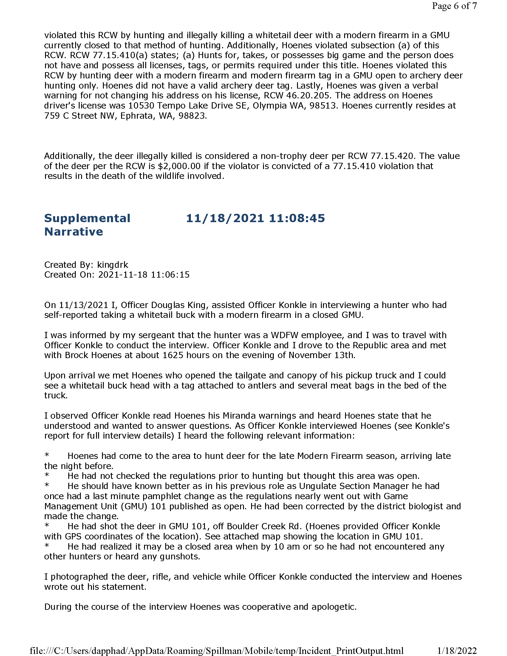 Brock Hoenes- WDFW Big Game Hunting Violation Report - Washington ...